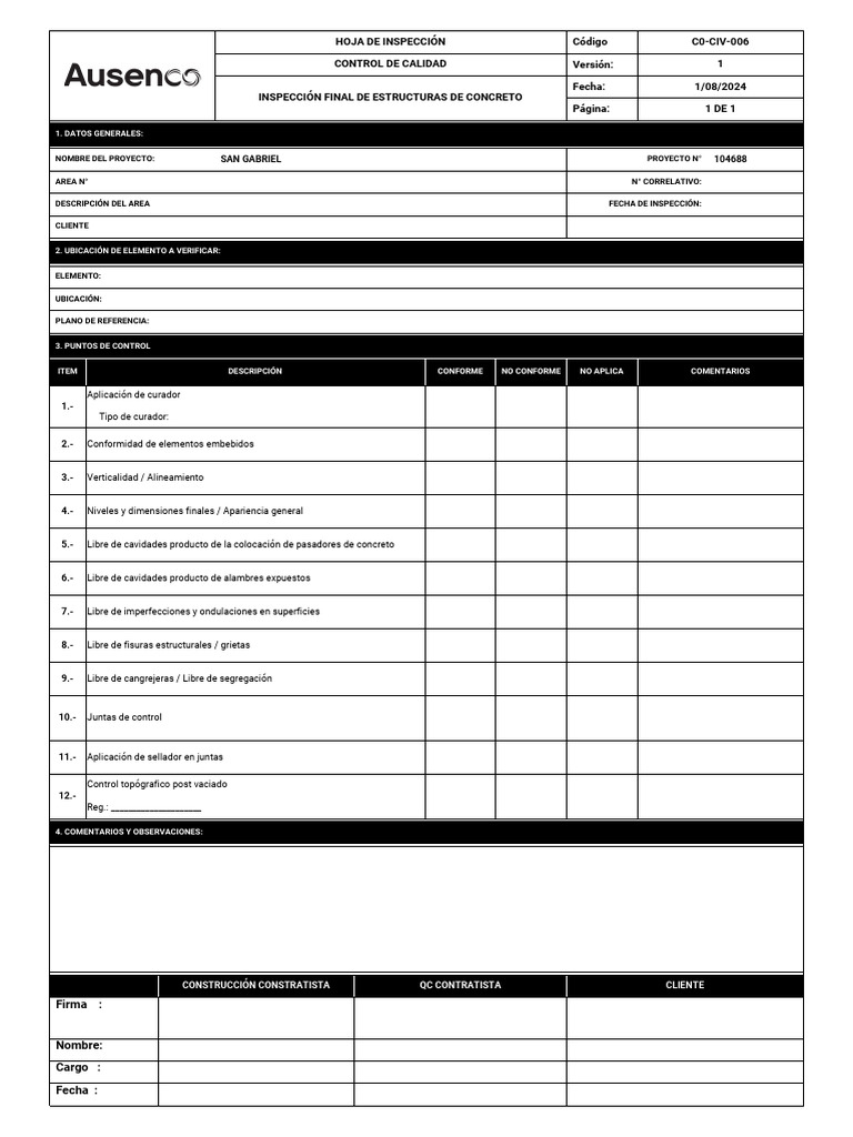 C0-CIV-006 Rv. 1 - Inspección Final de Estructuras de Concreto | PDF