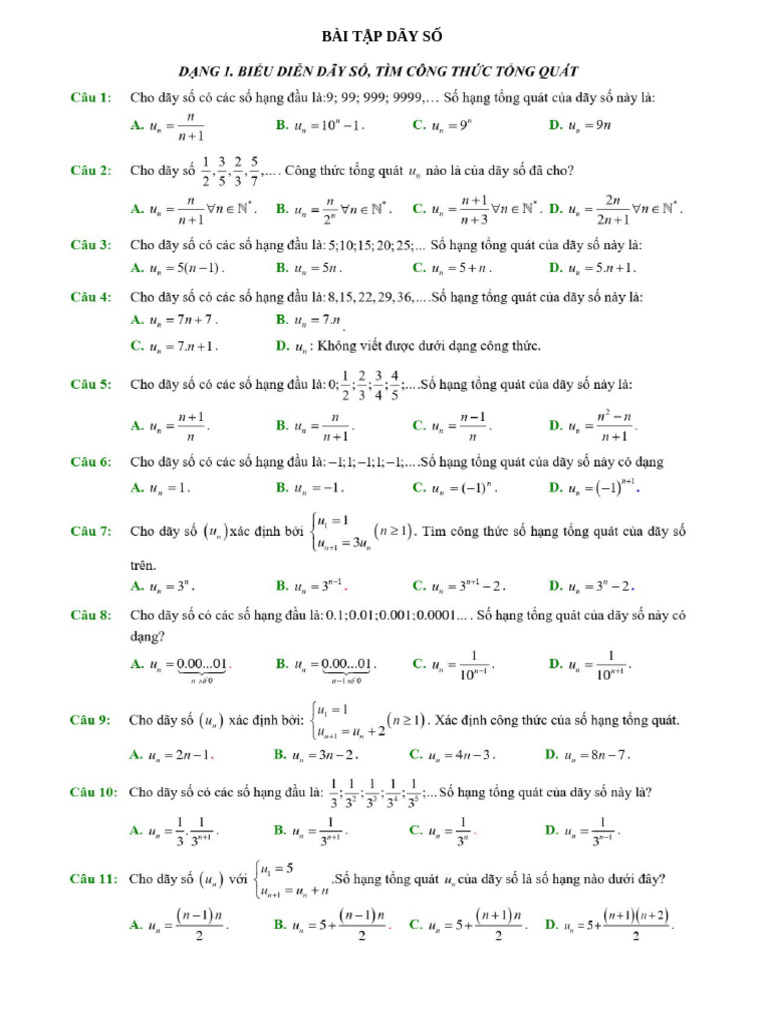 BÀI TẬP DÃY SỐ- CSC- CSN | PDF