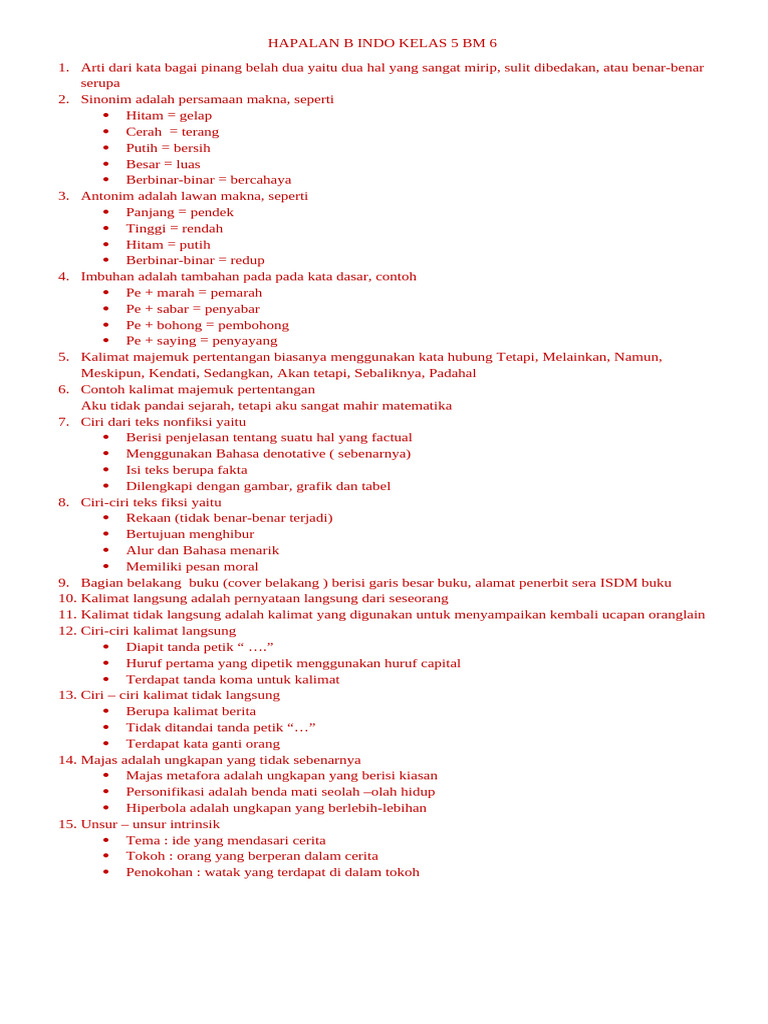 HAPALAN B INDO KELAS 5 BM 6 | PDF