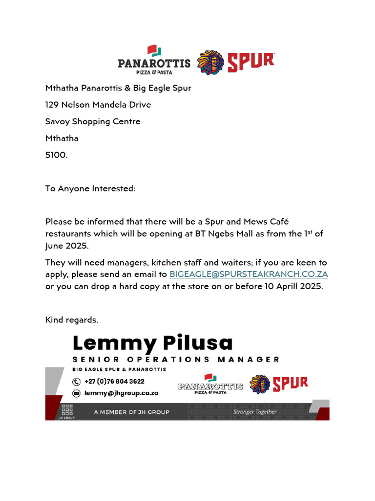 Spur and Mews Café Job Openings in Mthatha | PDF