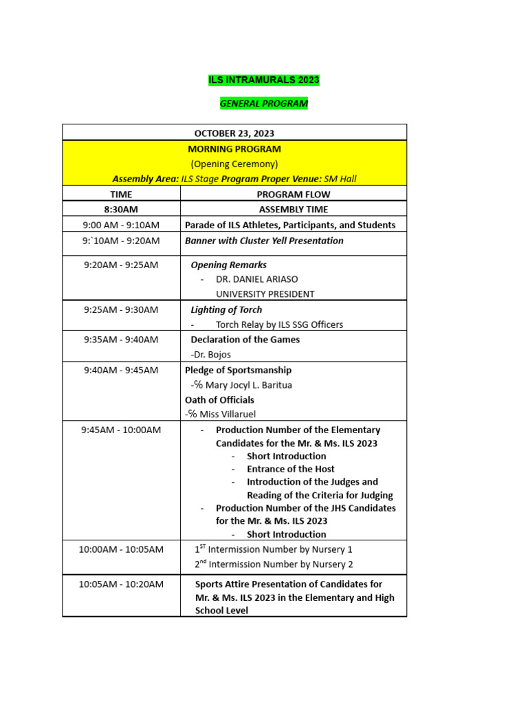 Schedule For Jhs Ils Intramurals 2023 | PDF | Sports