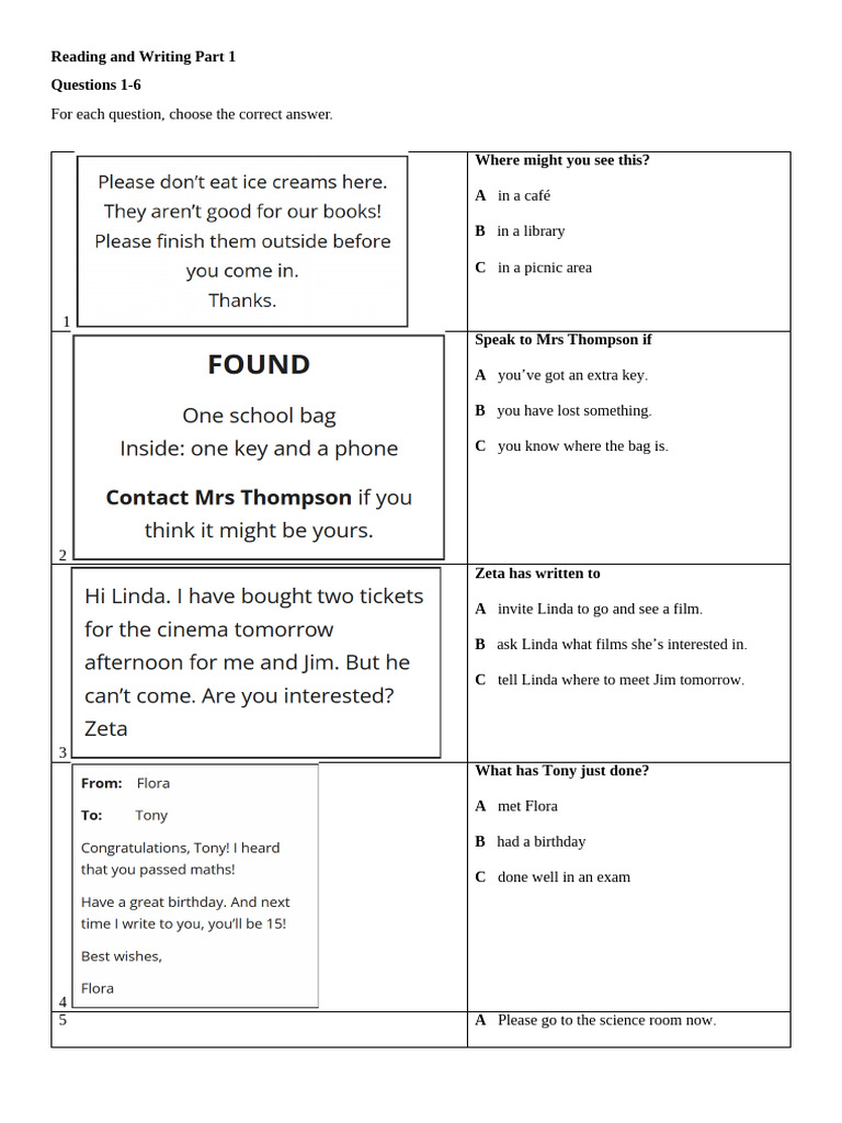 Reading and Writing Test Questions 1-6 | PDF
