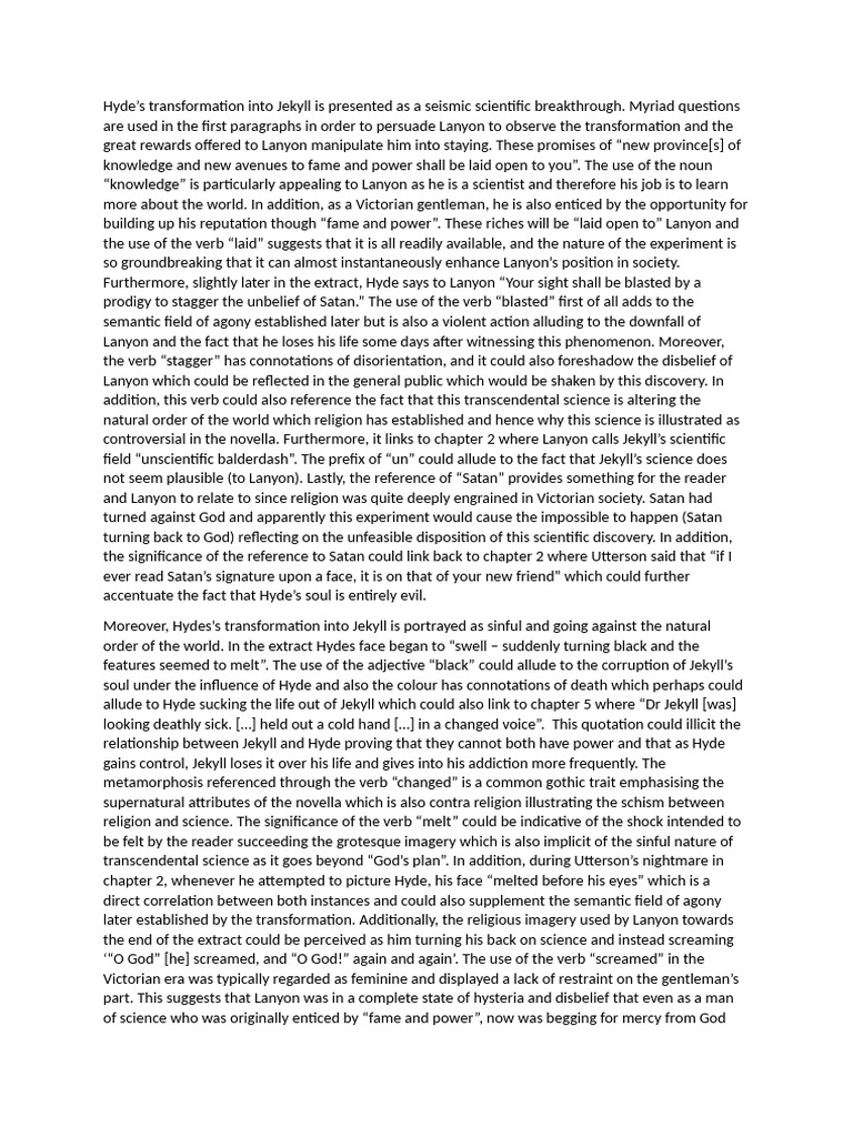 English Essay How Hydes Transformation Into Jekyll Is Presented | PDF | Strange Case Of Dr ...