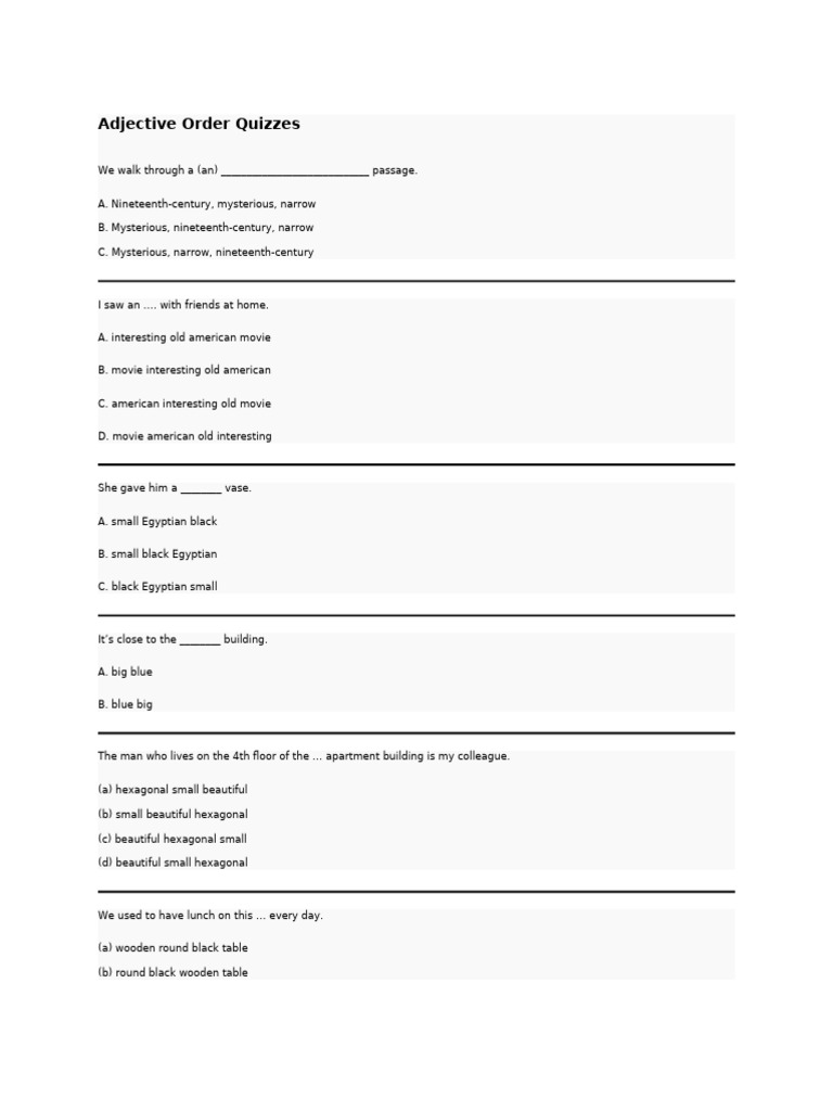 Adjective Order and Degree Quizzes | PDF