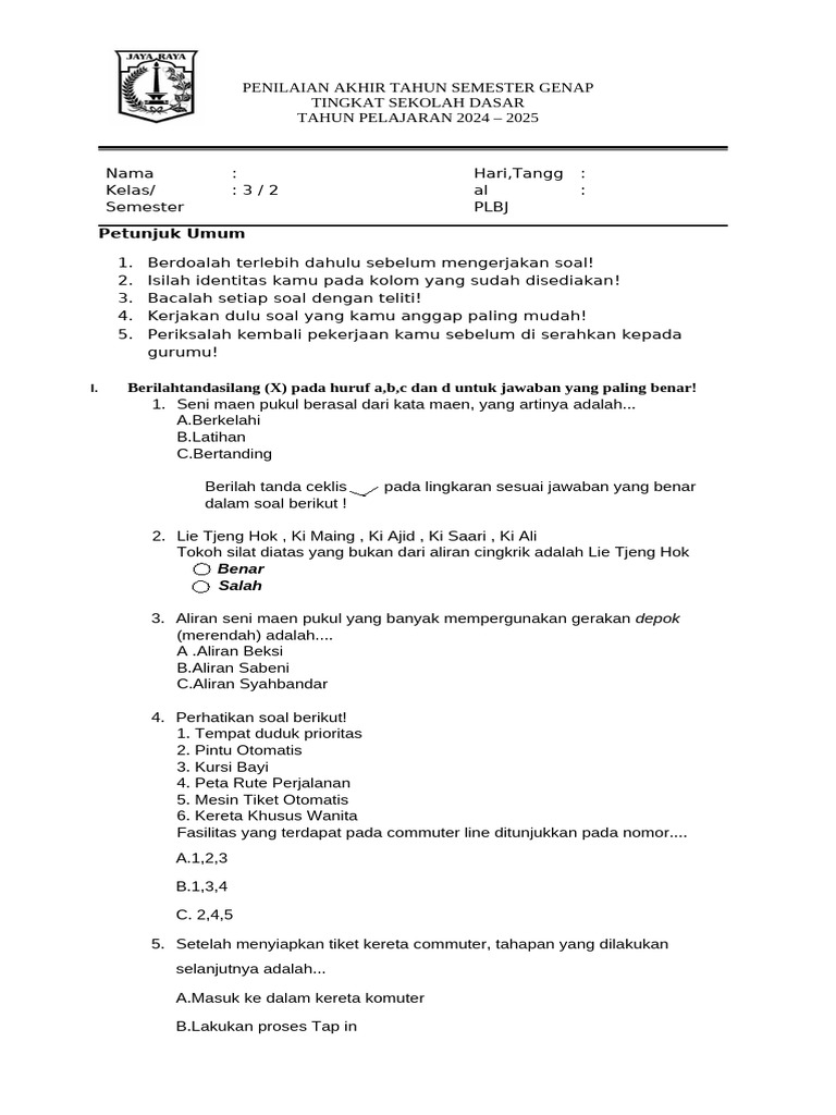 SOAL PAT PLBJ KLS 3 SMT 2 (1) | PDF