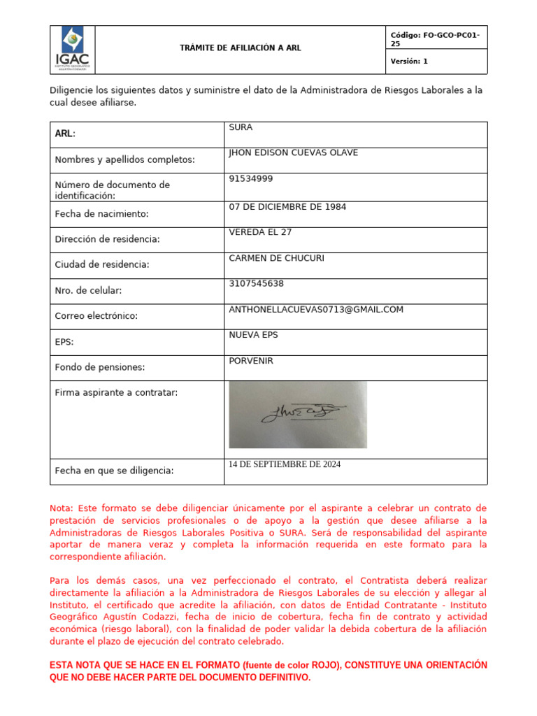 FORMATO PARA AFILIACION ARL | PDF