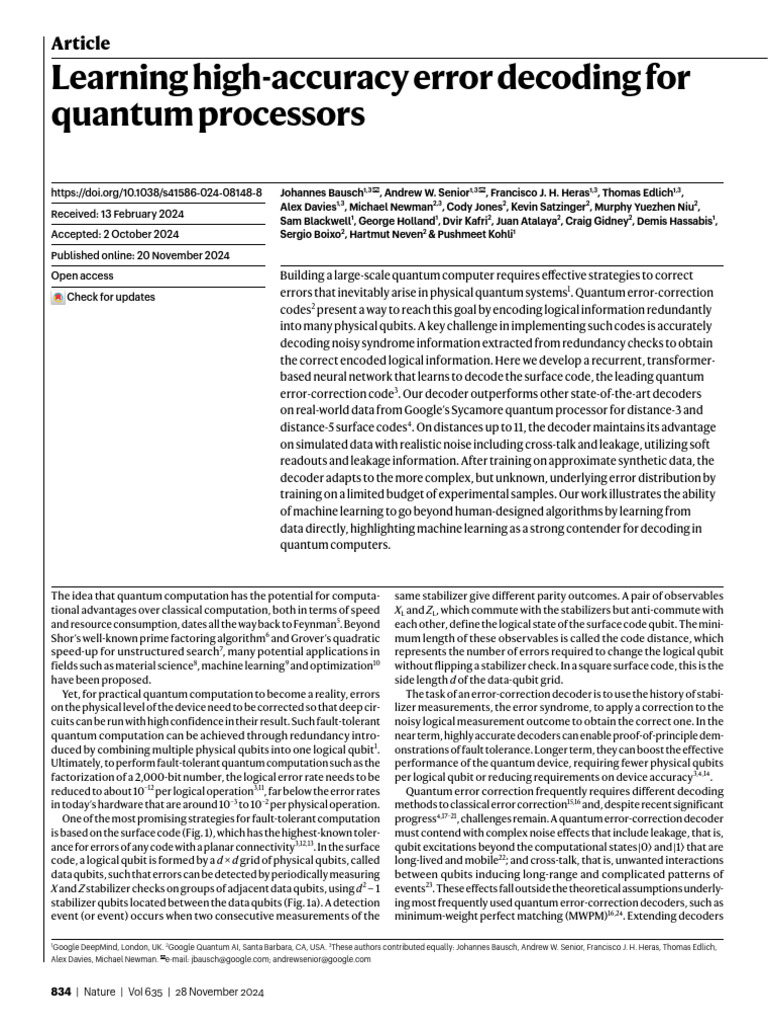 Learning High-Accuracy Error Decoding For Quantum Processors | PDF | Quantum Computing | Applied ...