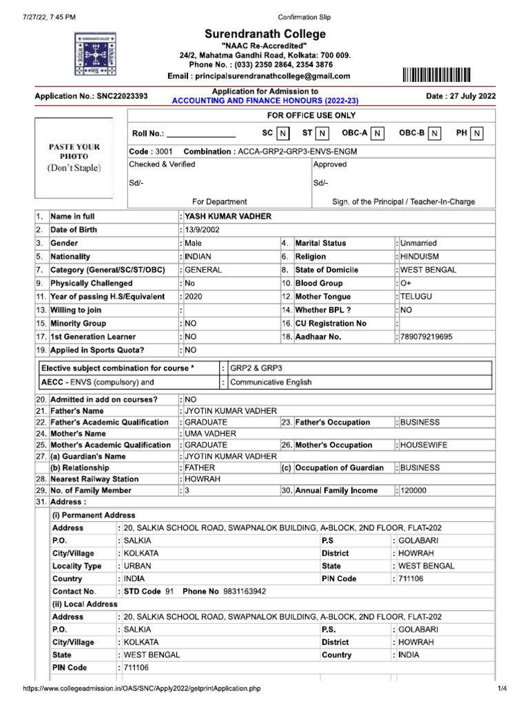 SURENDRANATH APPLICATION | PDF