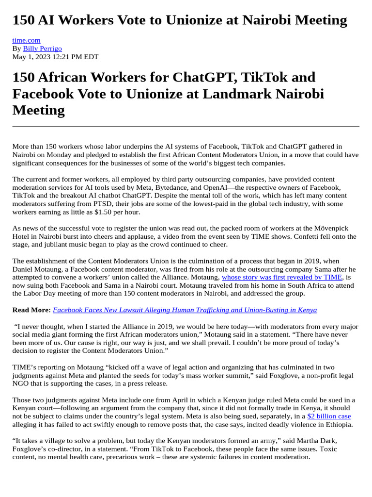 150 AI Workers Vote To Unionize at Nairobi Meeting | PDF | Artificial ...