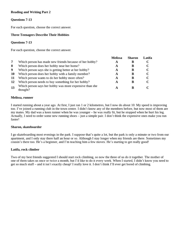 K - Reading PART 2 - Matching VII Comp | PDF
