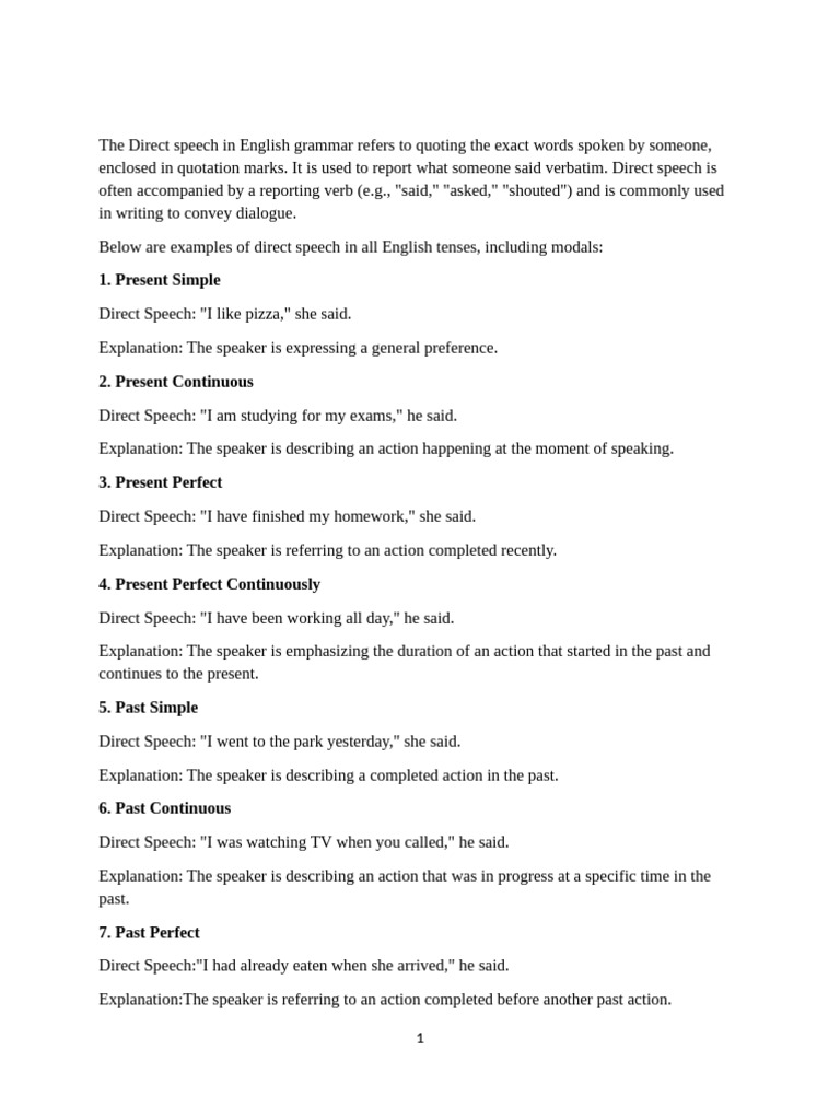 Direct Speech and Reported Speech | PDF | Grammatical Tense | Perfect ...