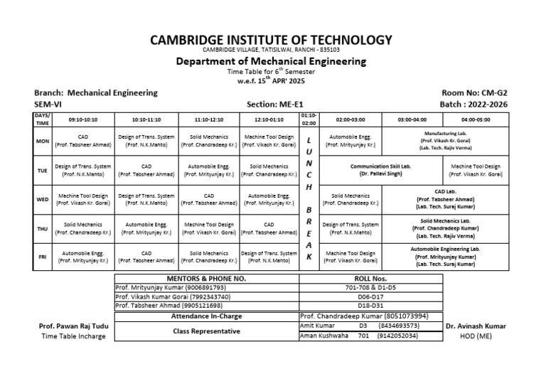 Mechanical Engineering SEM-VI Timetable | PDF | Mechanical Engineering ...