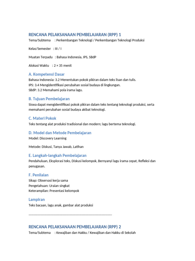 Contoh Dua RPP Tematik Kelas 3 SD Dan LKPD | PDF