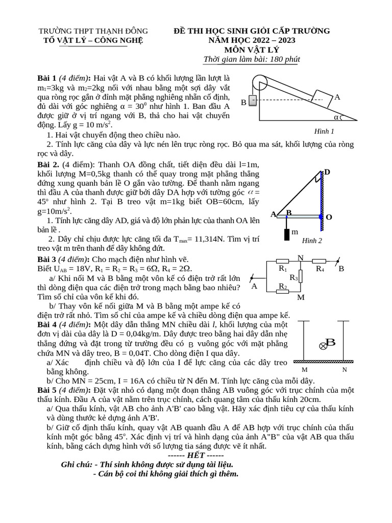 De HSG Cap Truong Mon Ly 2023 | PDF