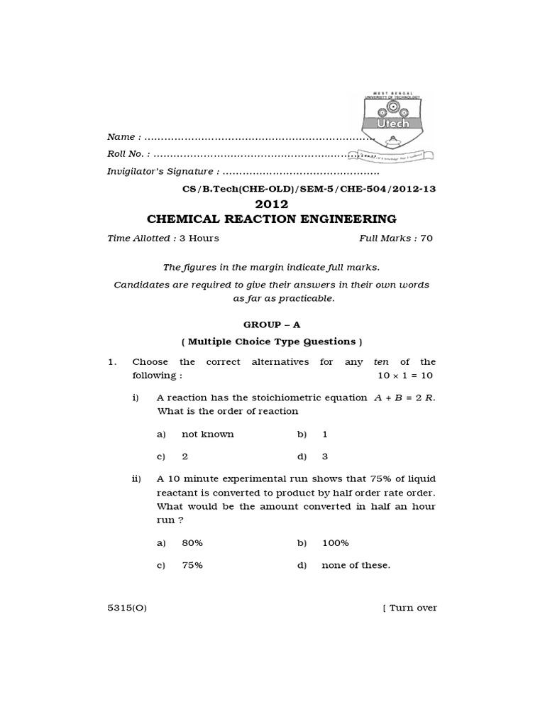 Chemical Reaction Engineering Exam 2012 | PDF | Chemical Reactions ...