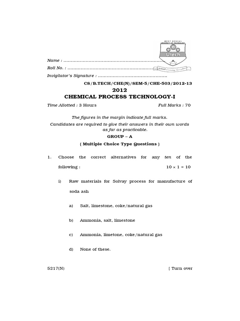 Btech Che 5 Sem Chemical Process Technology 1 2012 | PDF | Ammonia | Acid