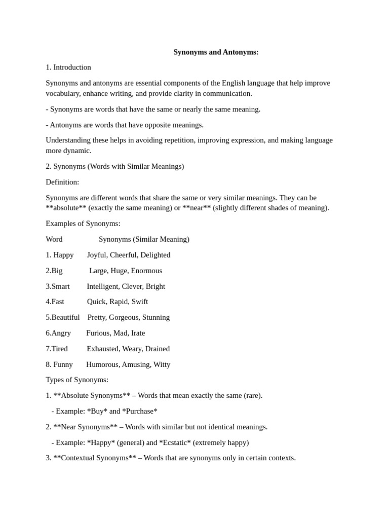 Synonyms and Antonyms Overview | PDF | Lexical Semantics