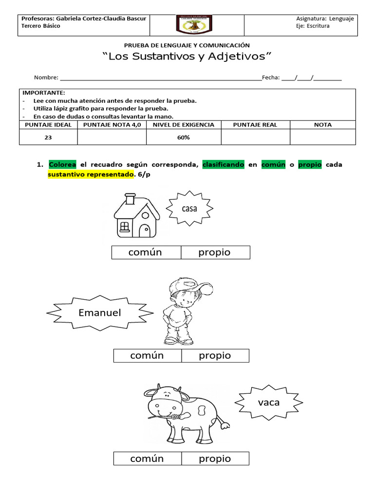 Prueba de Lenguaje: Sustantivos y Adjetivos | PDF