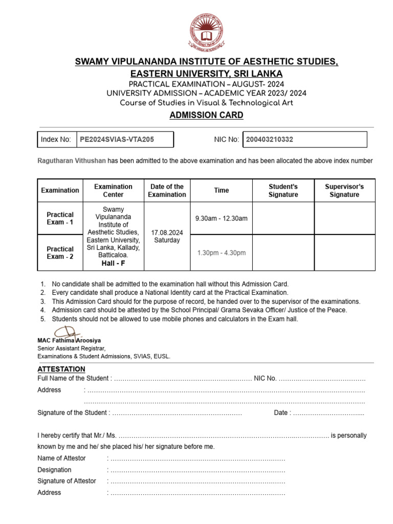 Admission Card - PE2024SVIAS-VTA205 | PDF | Educational Stages | Qualifications