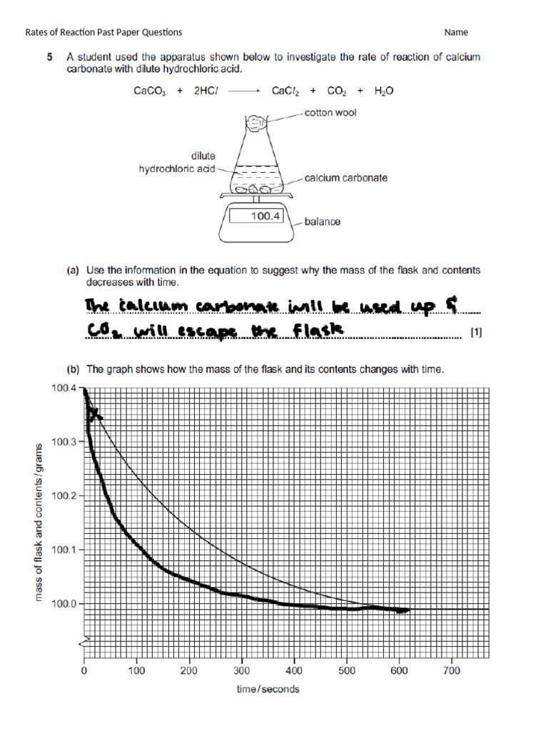 Rates of Reaction Past Paper HW Questions 2020 | PDF