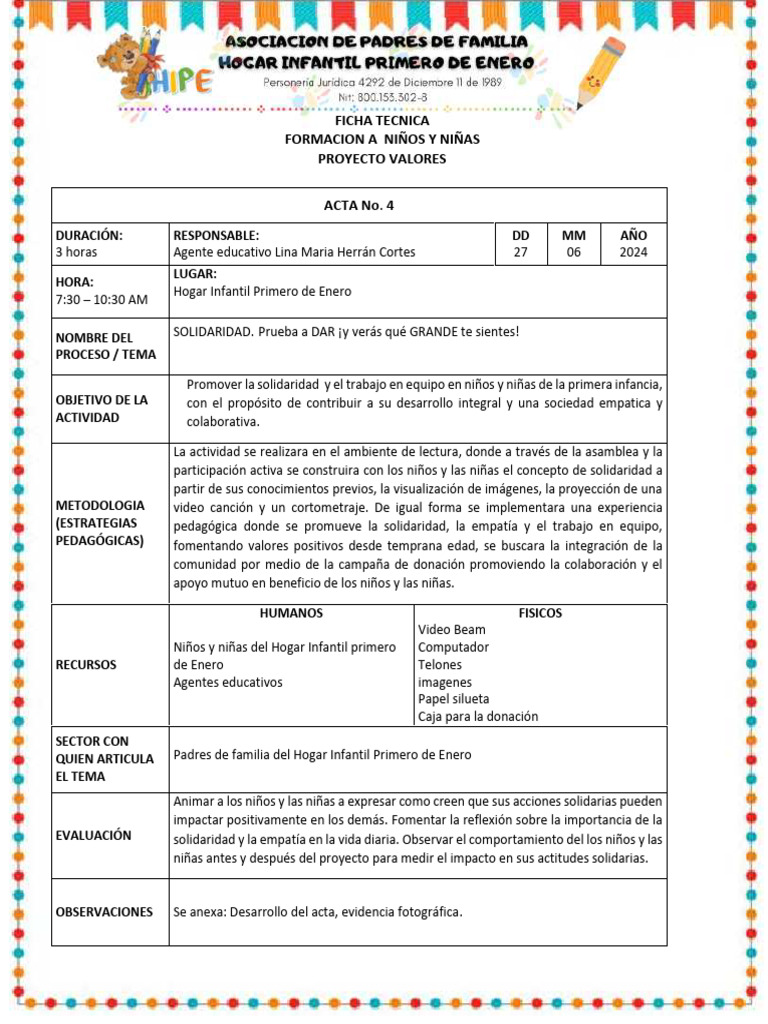 Acta n 4 Proyecto Valores 2024 | PDF