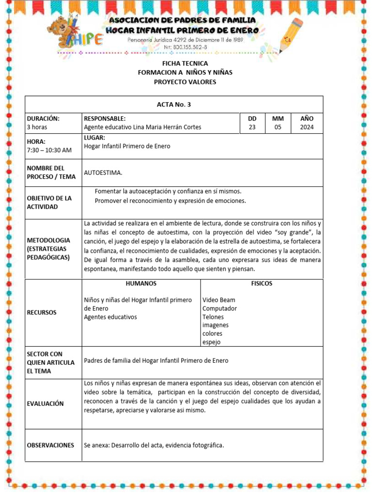 Acta N 3 Proyecto Valores 2024 | PDF | Autoestima | Aprendizaje