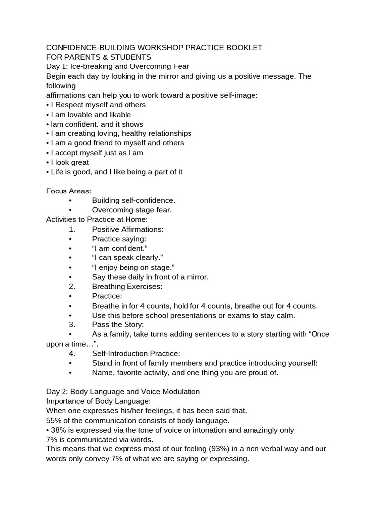 Confidence-Building Workshop Practice Booklet | PDF | Body Language ...