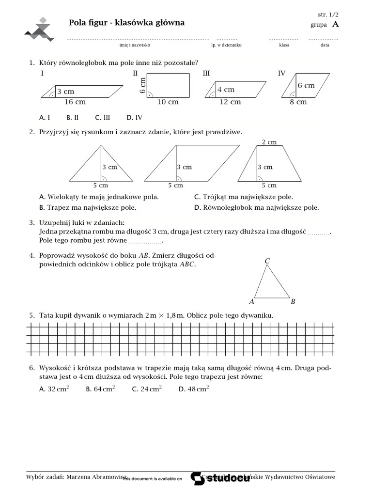 Pola Figur - Klasówka Główna - Klasa 6 | PDF