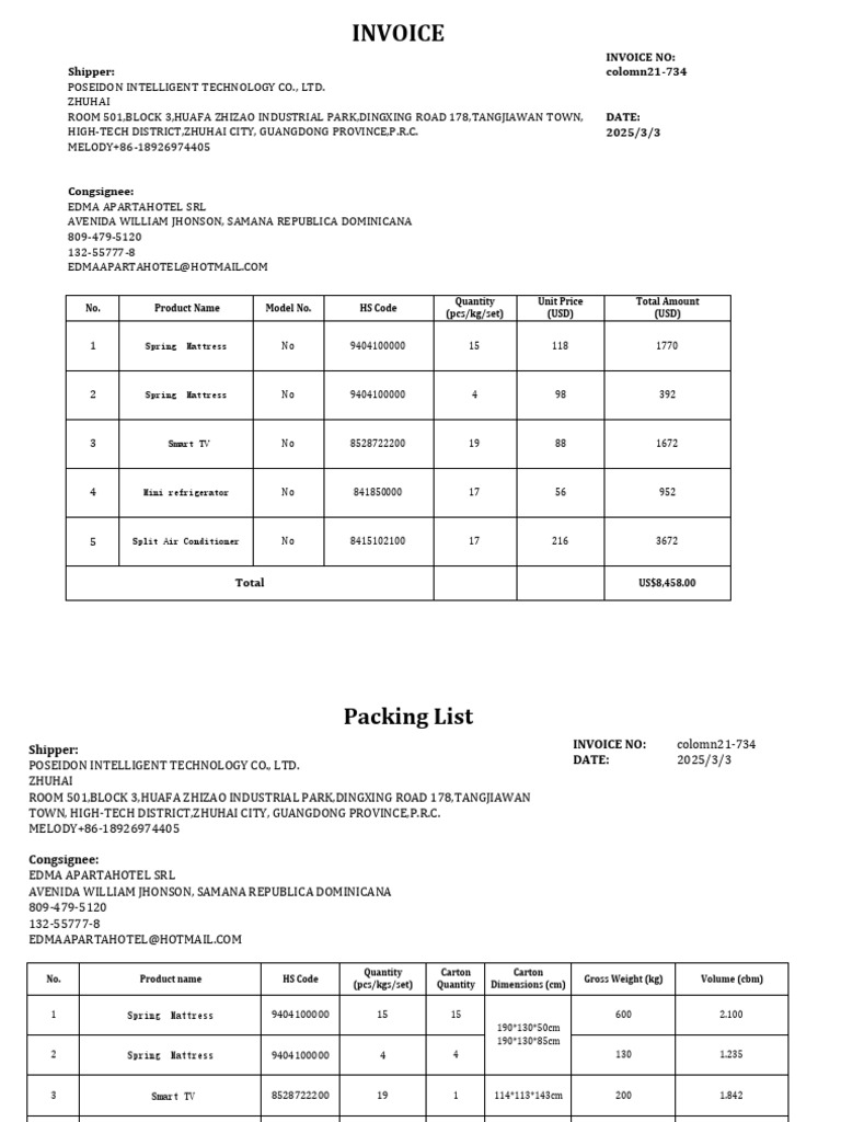Shipper: Invoice No: Colomn21-734 Date: 2025/3/3 | PDF