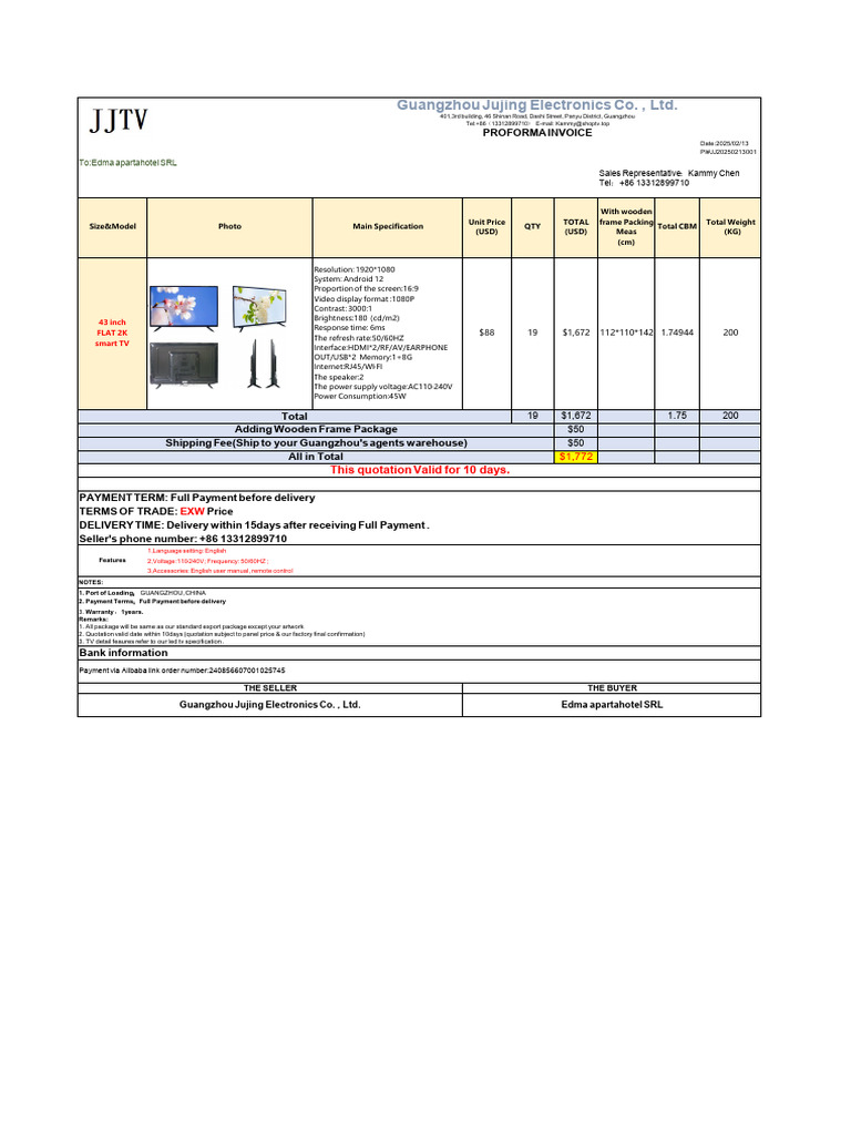 Guangzhou Jujing Electronics Co., LTD.: To:Edma Apartahotel SRL | PDF ...