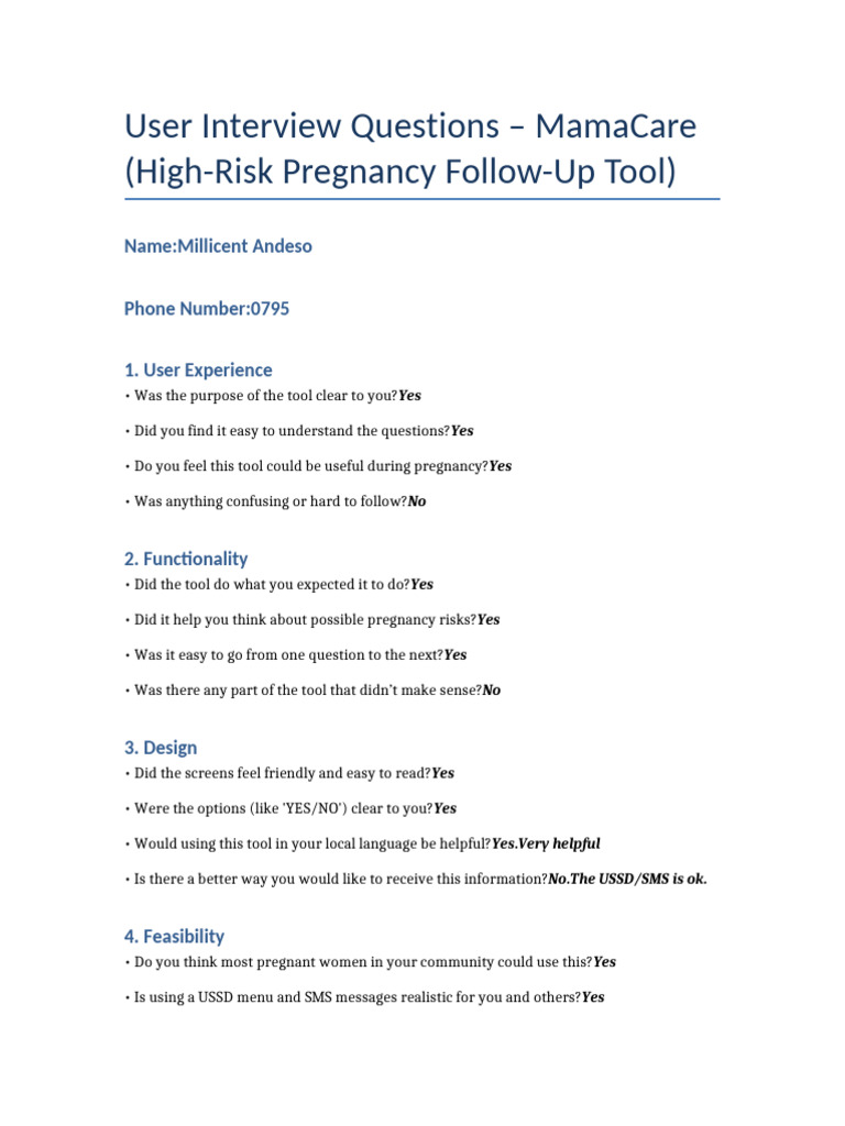MamaCare User Interview Questions User Interview 1 | PDF