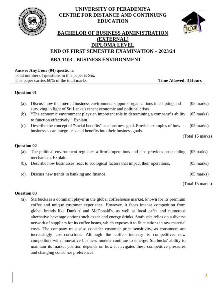 BBA Business Environment Paper 2024 New | PDF | Coffeehouse | Starbucks