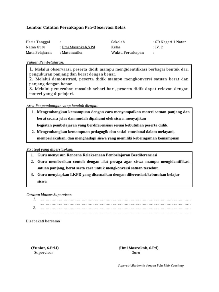 Lembar Catatan Pra Observasi kls 4 mapel MTK | PDF