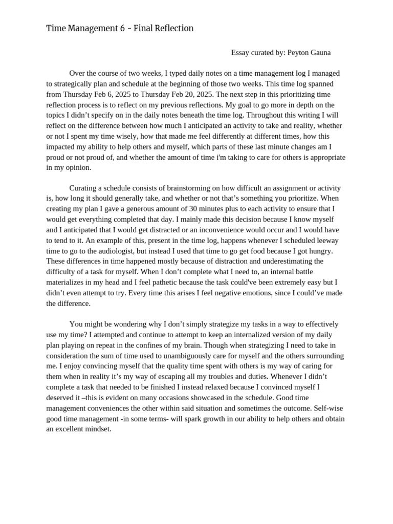 Time Management 6 Final Reflection Pdf Procrastination 6711