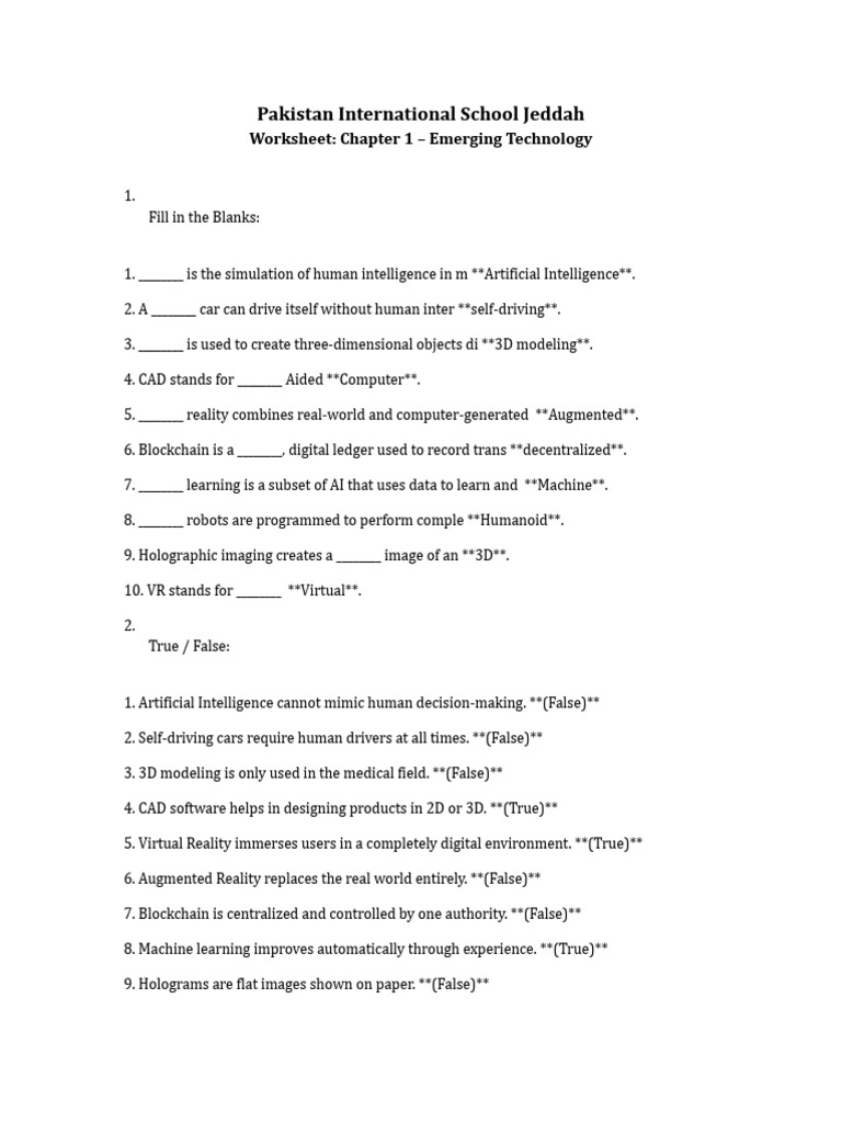 Emerging Technology Worksheet Class8 Answers | PDF