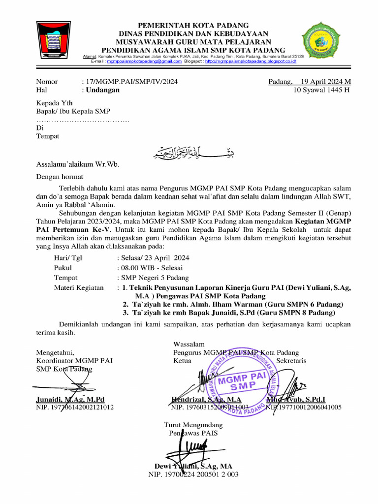 Undangan MGMP PAI SMP Kota Padang | PDF