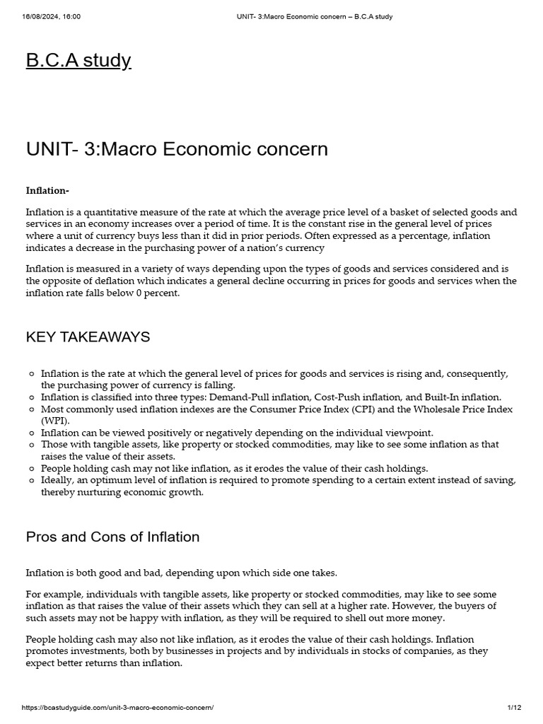 UNIT - 3 - Macro Economic Concern - B.C.a Study | PDF | Cost Of Living | Fiscal Policy