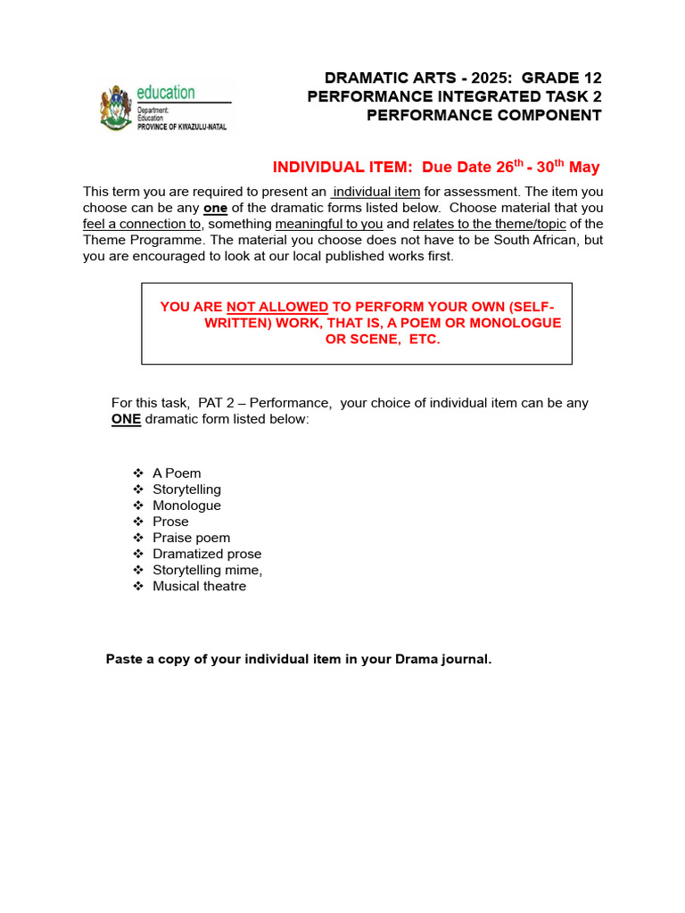 Dramatic Arts Grade 12 2025 Pat 2 Performance Component | PDF | Human ...