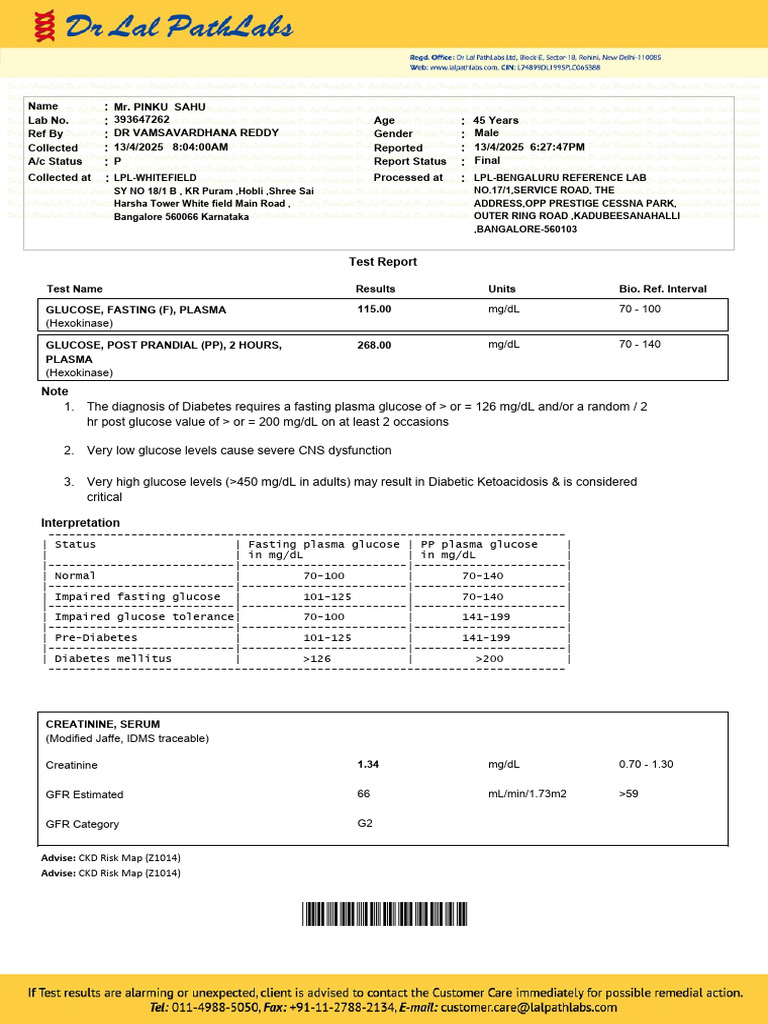 Diabetes and Kidney Function Test Report | PDF | Creatinine | Medical ...