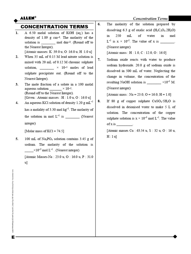 Concentration Calculations in Solutions | PDF | Concentration | Mole (Unit)