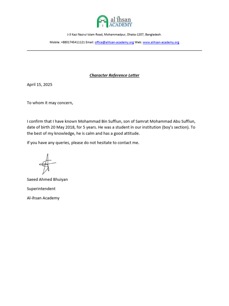 Mohammad Bin Sufiyan Character References | PDF