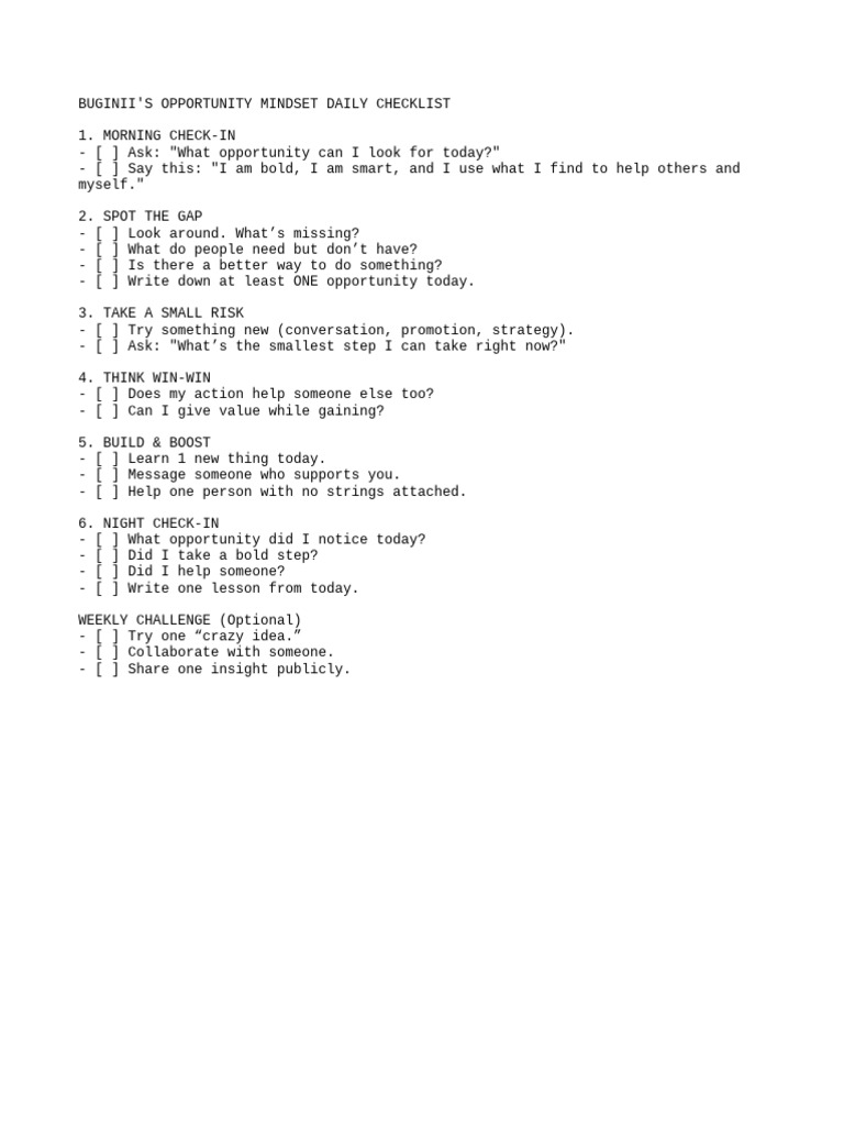 BUGINII Opportunity Checklist | PDF