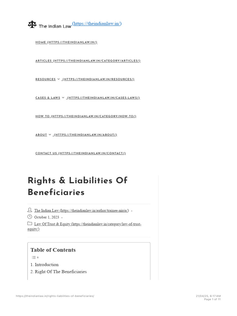 Rights & Liabilities of Beneficiaries - The Indian Law | PDF | Legal Liability | English Trust Law