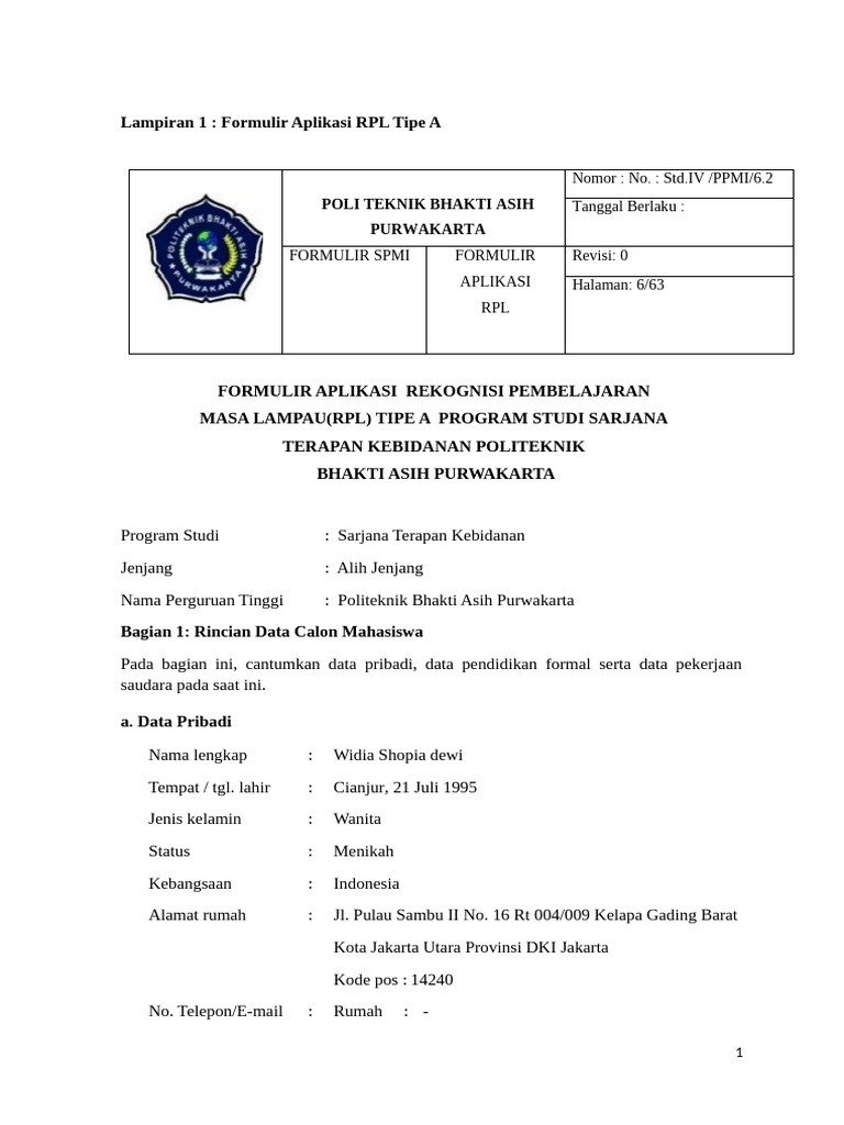 Form Aplikasi Pemohon RPL Tipe A Transfer Kredit | PDF