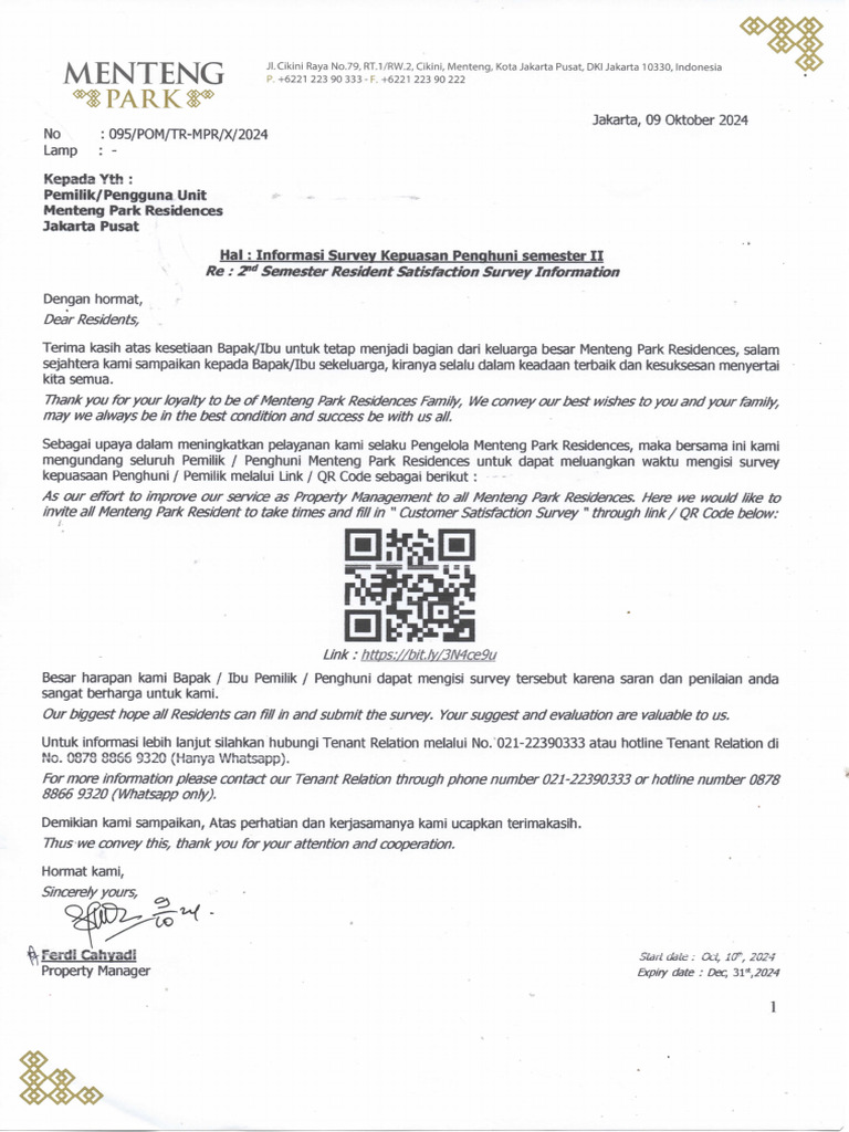 Informasi Survey Kepuasan Penghuni S2 2024 | PDF