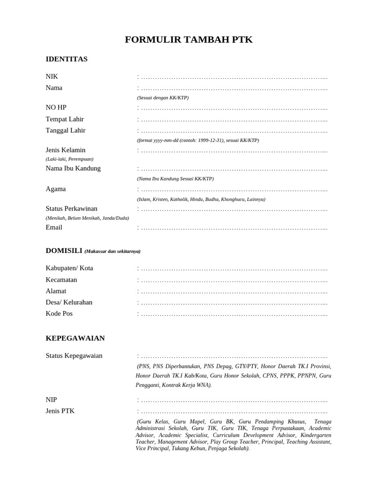 Formulir Tambah PTK | PDF