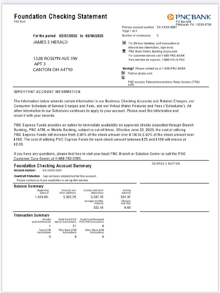 Feb - April 2025 Pnc Bank Statement | PDF