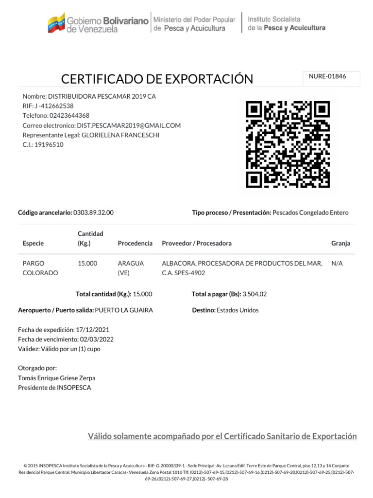 Certificado de Exportacion Pescamar | PDF