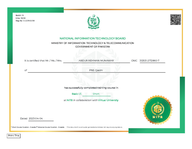Basic IT Training Certificate - NITB | PDF