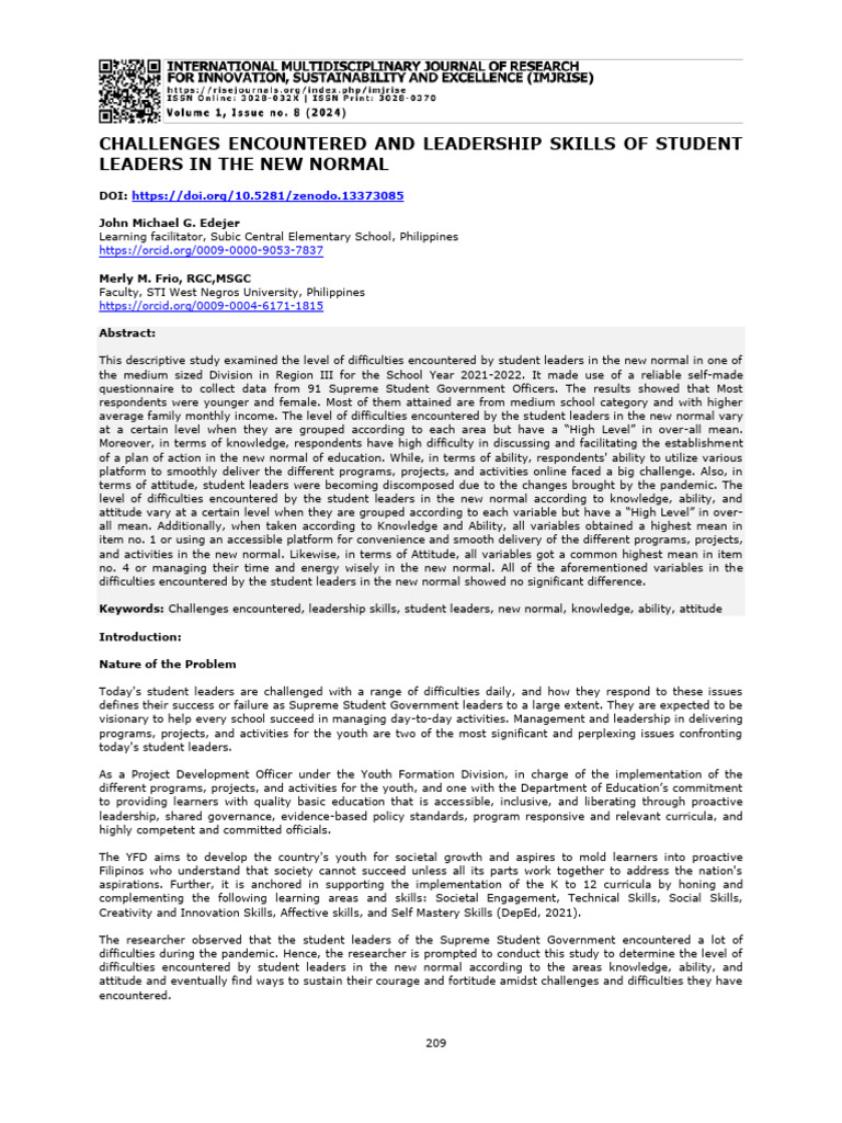 Challenges Encountered and Leadership Skills of Student Leaders | PDF | Survey Methodology ...